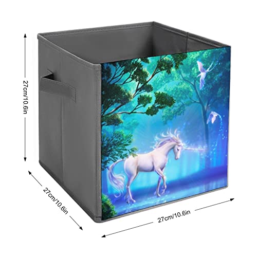 Fantasy Unicorn Forest Foldable Storage Bins Printd Fabric Cube Baskets Boxes with Handles for Clothes Toys, 11x11x11