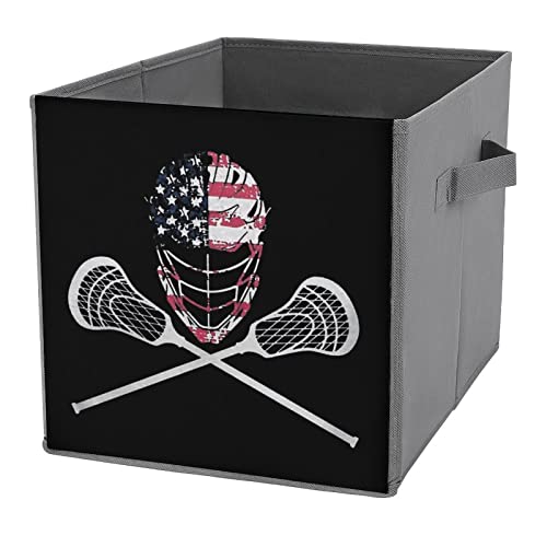 Lacrosse Helmet Flag Foldable Storage Bins Printd Fabric Cube Baskets Boxes with Handles for Clothes Toys, 11x11x11