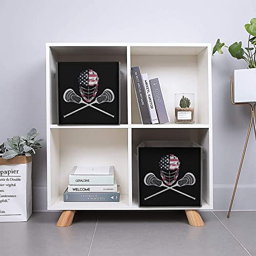 Lacrosse Helmet Flag Foldable Storage Bins Printd Fabric Cube Baskets Boxes with Handles for Clothes Toys, 11x11x11