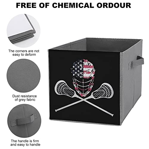 Lacrosse Helmet Flag Foldable Storage Bins Printd Fabric Cube Baskets Boxes with Handles for Clothes Toys, 11x11x11