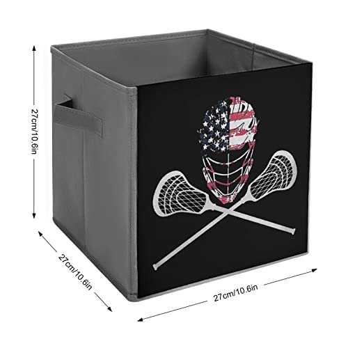 Lacrosse Helmet Flag Foldable Storage Bins Printd Fabric Cube Baskets Boxes with Handles for Clothes Toys, 11x11x11