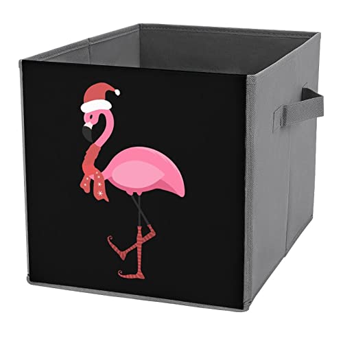 Flamingo in Santa Hat and Scarf Foldable Storage Bins Printd Fabric Cube Baskets Boxes with Handles for Clothes Toys, 11x11x11