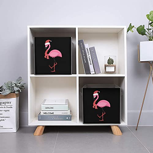 Flamingo in Santa Hat and Scarf Foldable Storage Bins Printd Fabric Cube Baskets Boxes with Handles for Clothes Toys, 11x11x11