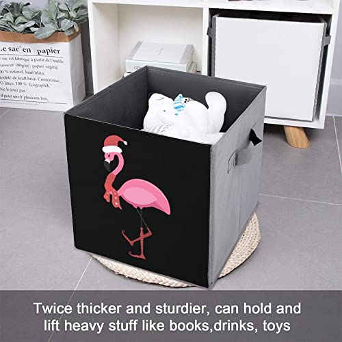 Flamingo in Santa Hat and Scarf Foldable Storage Bins Printd Fabric Cube Baskets Boxes with Handles for Clothes Toys, 11x11x11