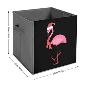 Flamingo in Santa Hat and Scarf Foldable Storage Bins Printd Fabric Cube Baskets Boxes with Handles for Clothes Toys, 11x11x11