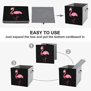 Flamingo in Santa Hat and Scarf Foldable Storage Bins Printd Fabric Cube Baskets Boxes with Handles for Clothes Toys, 11x11x11