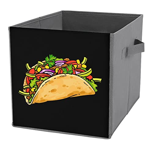 Mexican Taco Ground Meet Foldable Storage Bins Printd Fabric Cube Baskets Boxes with Handles for Clothes Toys, 11x11x11