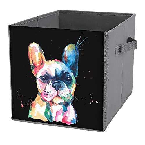 Watercolor French Bulldog Foldable Storage Bins Printd Fabric Cube Baskets Boxes with Handles for Clothes Toys, 11x11x11