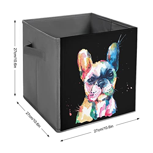 Watercolor French Bulldog Foldable Storage Bins Printd Fabric Cube Baskets Boxes with Handles for Clothes Toys, 11x11x11