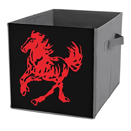 Chinese Traditional Folk Horse Foldable Storage Bins Printd Fabric Cube Baskets Boxes with Handles for Clothes Toys, 11x11x11