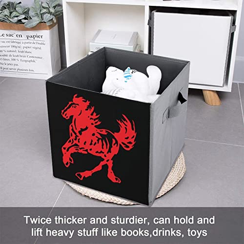 Chinese Traditional Folk Horse Foldable Storage Bins Printd Fabric Cube Baskets Boxes with Handles for Clothes Toys, 11x11x11