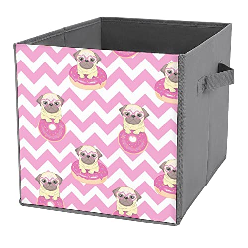 Pug in Donuts Foldable Storage Bins Printd Fabric Cube Baskets Boxes with Handles for Clothes Toys, 11x11x11