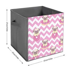 Pug in Donuts Foldable Storage Bins Printd Fabric Cube Baskets Boxes with Handles for Clothes Toys, 11x11x11