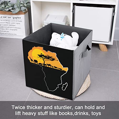 African Animals Over Map of Africa Foldable Storage Bins Printd Fabric Cube Baskets Boxes with Handles for Clothes Toys, 11x11x11