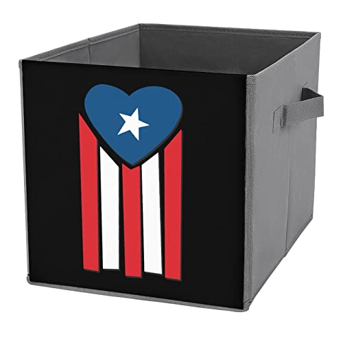 Puerto Rico Flag Heart Foldable Storage Bins Printd Fabric Cube Baskets Boxes with Handles for Clothes Toys, 11x11x11