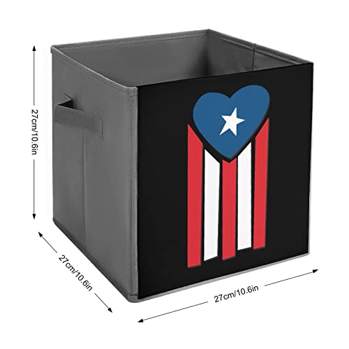 Puerto Rico Flag Heart Foldable Storage Bins Printd Fabric Cube Baskets Boxes with Handles for Clothes Toys, 11x11x11