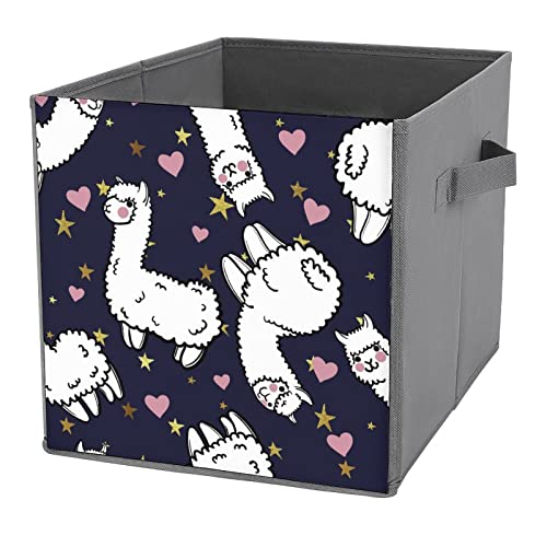 Alpacas Hearts Stars Foldable Storage Bins Printd Fabric Cube Baskets Boxes with Handles for Clothes Toys, 11x11x11