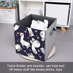 Alpacas Hearts Stars Foldable Storage Bins Printd Fabric Cube Baskets Boxes with Handles for Clothes Toys, 11x11x11