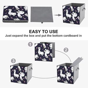 Alpacas Hearts Stars Foldable Storage Bins Printd Fabric Cube Baskets Boxes with Handles for Clothes Toys, 11x11x11