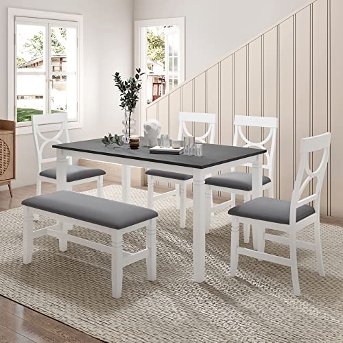 Merax 6-Piece Wood Dining Table Set with Upholstered Bench and 4 Chairs, Farmhouse Style, Kitchen Furniture, White