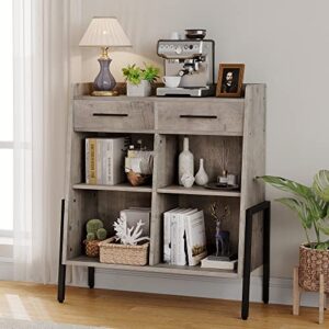 IDEALHOUSE Bookcase Horizontal Bookshelf Short Bookcases with Drawers Small Storage Shelves 4 Cube Organizer Metal Frame Wood Display Cabinet for Bedroom, Living Room, Home Office, Grey