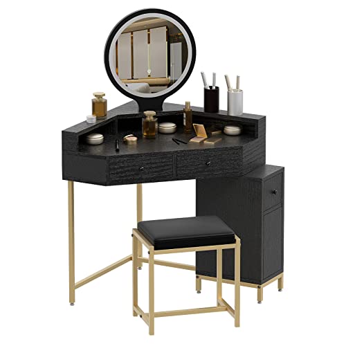 Visiblesser Corner Vanity Desk with Mirror and Lights, Black Vanity Table with Drawers, Dressing Table with 3 Dimming Lights, Corner Makeup Vanity with Stool