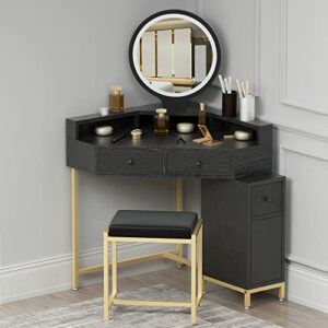 Visiblesser Corner Vanity Desk with Mirror and Lights, Black Vanity Table with Drawers, Dressing Table with 3 Dimming Lights, Corner Makeup Vanity with Stool