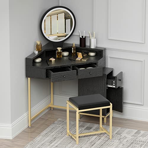 Visiblesser Corner Vanity Desk with Mirror and Lights, Black Vanity Table with Drawers, Dressing Table with 3 Dimming Lights, Corner Makeup Vanity with Stool