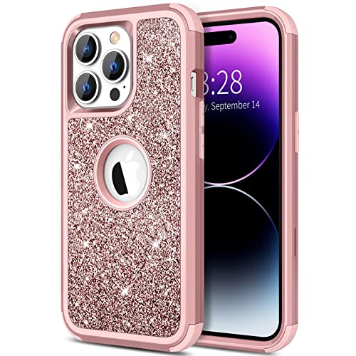 Hython for iPhone 14 Pro Max Case, Heavy Duty Full-Body Defender Protective Phone Cases Glitter Bling Sparkle Hard Shell Hybrid Shockproof/Drop Proof 3-Layer Military Rubber Bumper Cover Women Girls