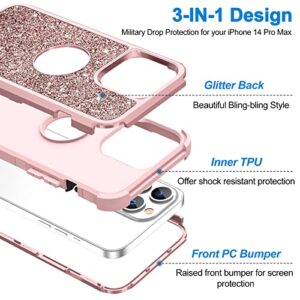 Hython for iPhone 14 Pro Max Case, Heavy Duty Full-Body Defender Protective Phone Cases Glitter Bling Sparkle Hard Shell Hybrid Shockproof/Drop Proof 3-Layer Military Rubber Bumper Cover Women Girls