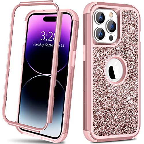 Hython for iPhone 14 Pro Max Case, Heavy Duty Full-Body Defender Protective Phone Cases Glitter Bling Sparkle Hard Shell Hybrid Shockproof/Drop Proof 3-Layer Military Rubber Bumper Cover Women Girls