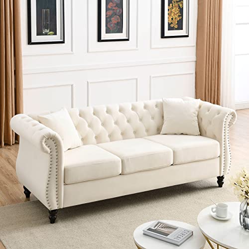 Imseigo Accent Sofa,3 Seater Chesterfield Beige Velvet Sofa, 80" Sofa Tufted Vintage Couch with Rolled Arms and Nailhead for Living Room, Bedroom, Apartment, Two Pillows (Velvet, Beige)