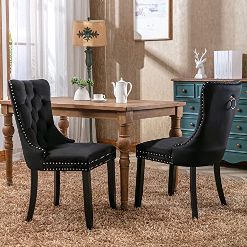 DMLAKE Velvet Upholstered Dining Chair Pack of 2, Nikki Collection Modern, High-end Tufted Parson Dining Chairs with Tufted Back & Solid Wood Legs, Nailhead Trim, Black