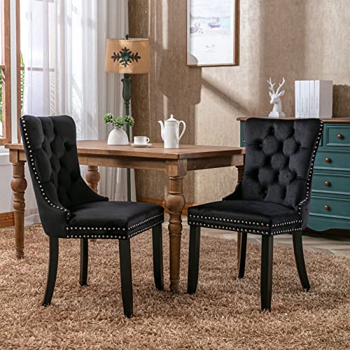 DMLAKE Velvet Upholstered Dining Chair Pack of 2, Nikki Collection Modern, High-end Tufted Parson Dining Chairs with Tufted Back & Solid Wood Legs, Nailhead Trim, Black