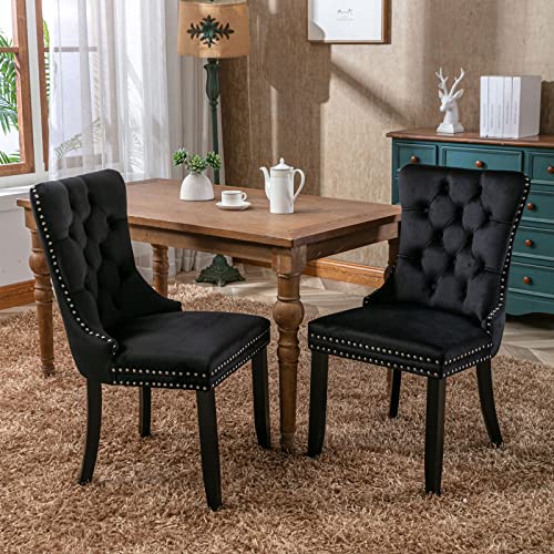 DMLAKE Velvet Upholstered Dining Chair Pack of 2, Nikki Collection Modern, High-end Tufted Parson Dining Chairs with Tufted Back & Solid Wood Legs, Nailhead Trim, Black