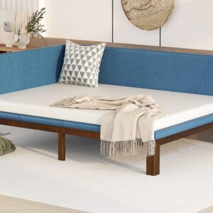 YUNYO Upholstered Full Daybed, Wood Full Size Daybed Frame with Linen Fabric,Mid-Century Full Size Bed Sofabed Frame for Bedroom, Living Room,Blue