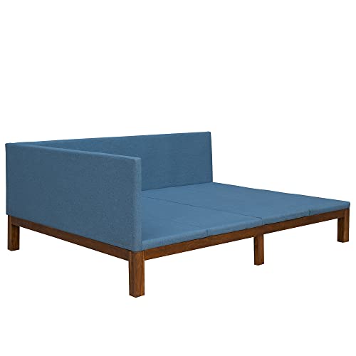 YUNYO Upholstered Full Daybed, Wood Full Size Daybed Frame with Linen Fabric,Mid-Century Full Size Bed Sofabed Frame for Bedroom, Living Room,Blue