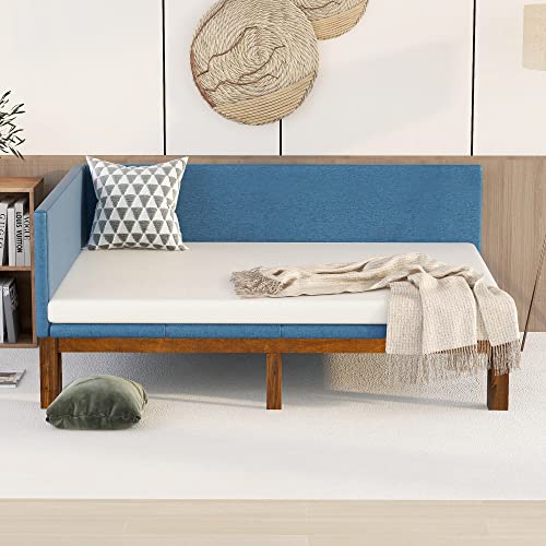 YUNYO Upholstered Full Daybed, Wood Full Size Daybed Frame with Linen Fabric,Mid-Century Full Size Bed Sofabed Frame for Bedroom, Living Room,Blue