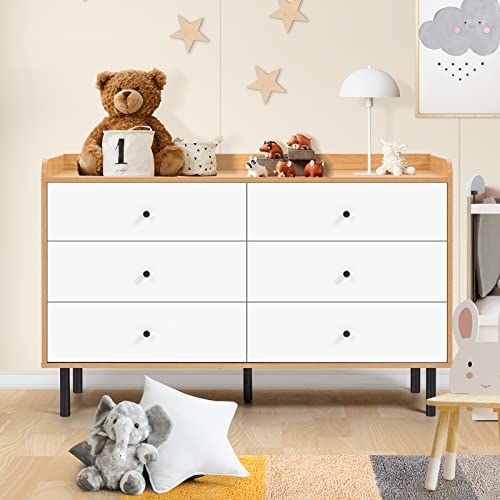 KFO Dresser for Bedroom, 6 Drawer Dresser with Metal Handle, Sturdy Frame Modern Bedroom Furniture, Chest of Drawers, Wood Dresser with Drawers for Living Room, Hallway, Children Room