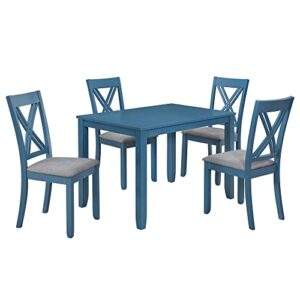 Bellemave 5 Piece Dining Table Set, Kitchen Dining Table with 4 X-Back Chairs, Wooden Dining Table and Upholstered Chair Set, Farmhouse Dining Room Set for 4 Persons (Blue)