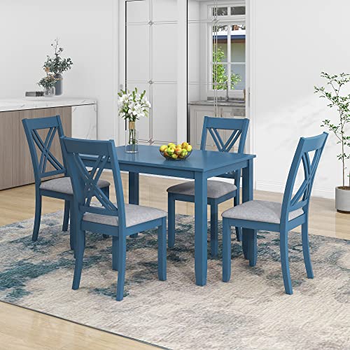 Bellemave 5 Piece Dining Table Set, Kitchen Dining Table with 4 X-Back Chairs, Wooden Dining Table and Upholstered Chair Set, Farmhouse Dining Room Set for 4 Persons (Blue)