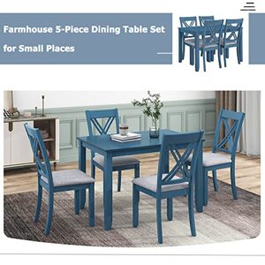 Bellemave 5 Piece Dining Table Set, Kitchen Dining Table with 4 X-Back Chairs, Wooden Dining Table and Upholstered Chair Set, Farmhouse Dining Room Set for 4 Persons (Blue)