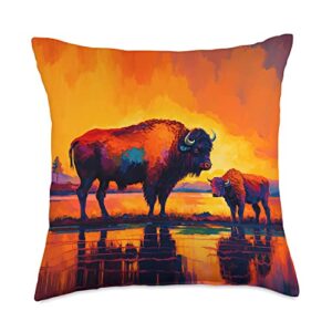 buffalo bison watercolor art paint buffalo shirt american bison western watercolor throw pillow, 18x18, multicolor