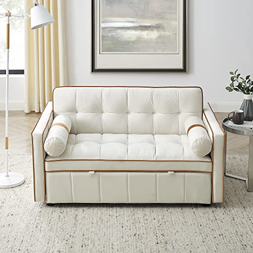 JULYFOX Beige Color Velvet Pull Out Sleeper Sofa,55 in Wide Mid Century Modern Loveseat Couch Sofa Button Tufted with Side Storage Pockets Recline Back Lumber 2 Round Toss Pillows for Small Spaces