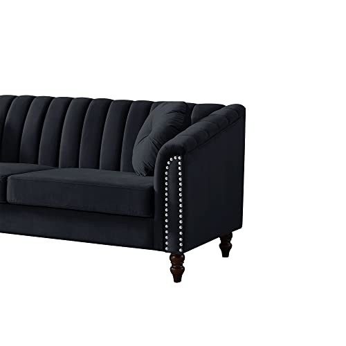 Modern Velvet Upholstered Sofa,72 Inch 3 Seater Tufted Back,Rivet Arms, 2 Pillows,Solid Wood Legs, Living Room Sofa Bed,Compact Living Space,Apartment, Bonus Room,Loveseat Sofa (Black)…