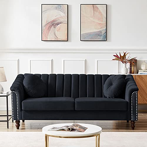 Modern Velvet Upholstered Sofa,72 Inch 3 Seater Tufted Back,Rivet Arms, 2 Pillows,Solid Wood Legs, Living Room Sofa Bed,Compact Living Space,Apartment, Bonus Room,Loveseat Sofa (Black)…