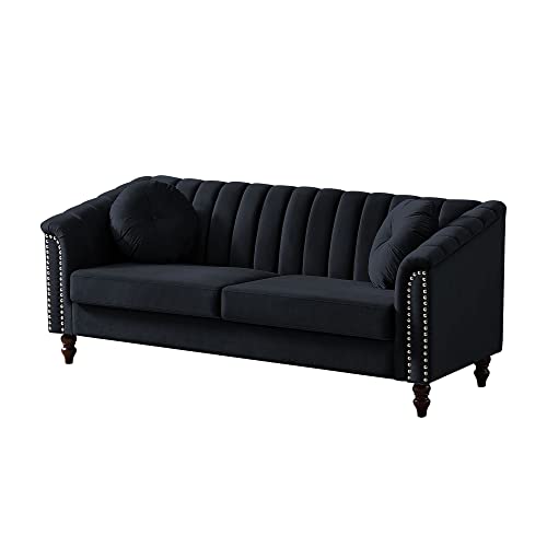 Modern Velvet Upholstered Sofa,72 Inch 3 Seater Tufted Back,Rivet Arms, 2 Pillows,Solid Wood Legs, Living Room Sofa Bed,Compact Living Space,Apartment, Bonus Room,Loveseat Sofa (Black)…