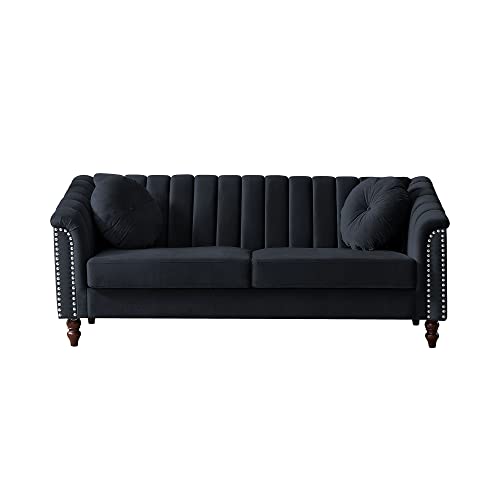 Modern Velvet Upholstered Sofa,72 Inch 3 Seater Tufted Back,Rivet Arms, 2 Pillows,Solid Wood Legs, Living Room Sofa Bed,Compact Living Space,Apartment, Bonus Room,Loveseat Sofa (Black)…