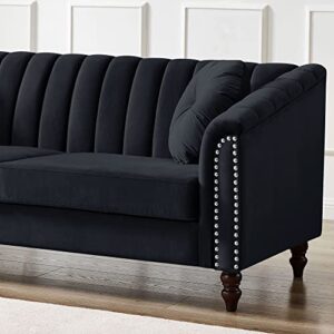 Modern Velvet Upholstered Sofa,72 Inch 3 Seater Tufted Back,Rivet Arms, 2 Pillows,Solid Wood Legs, Living Room Sofa Bed,Compact Living Space,Apartment, Bonus Room,Loveseat Sofa (Black)…