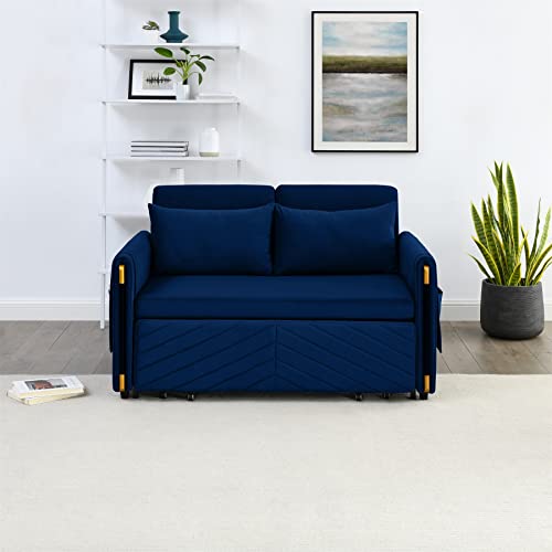 IQIAite Modern Convertible Sofa Bed with2 Detachable Arm Pockets, Blue Velvet Material, Multi-Position Adjustable with Pull-Out Bed and BedHead,2 Pillows, Ideal for Living Room